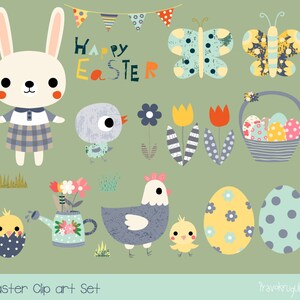 Happy Easter Clipart, Cute Easter Clip Art Set, Easter Bunny Clip Art ...