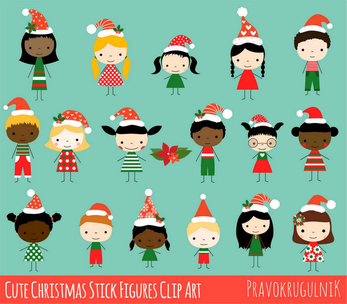 Cute Christmas Stick Figures Clipart, Children Clip Art, Multicultural ...