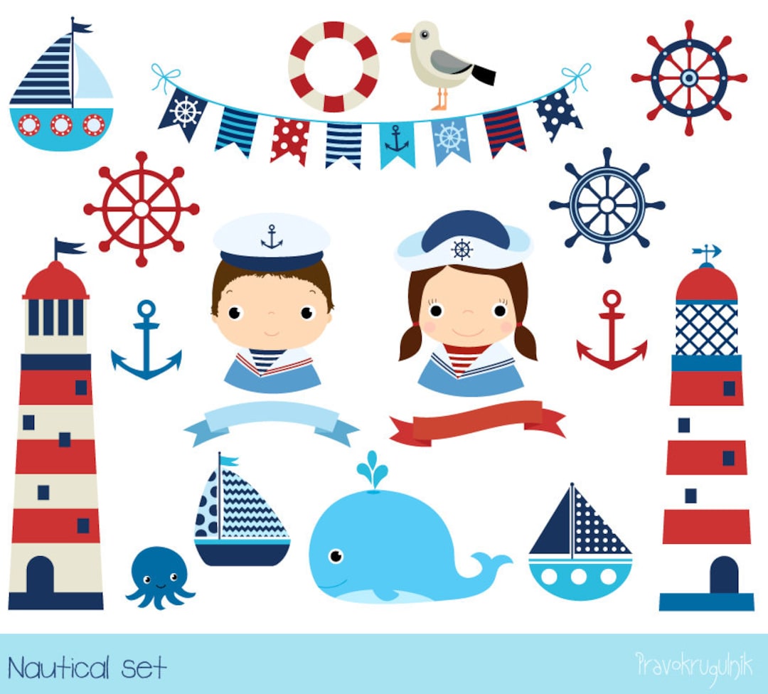 Nautical Lighthouse Clipart, Sail Away Clip Art, Sailboat, Whale, Girl ...