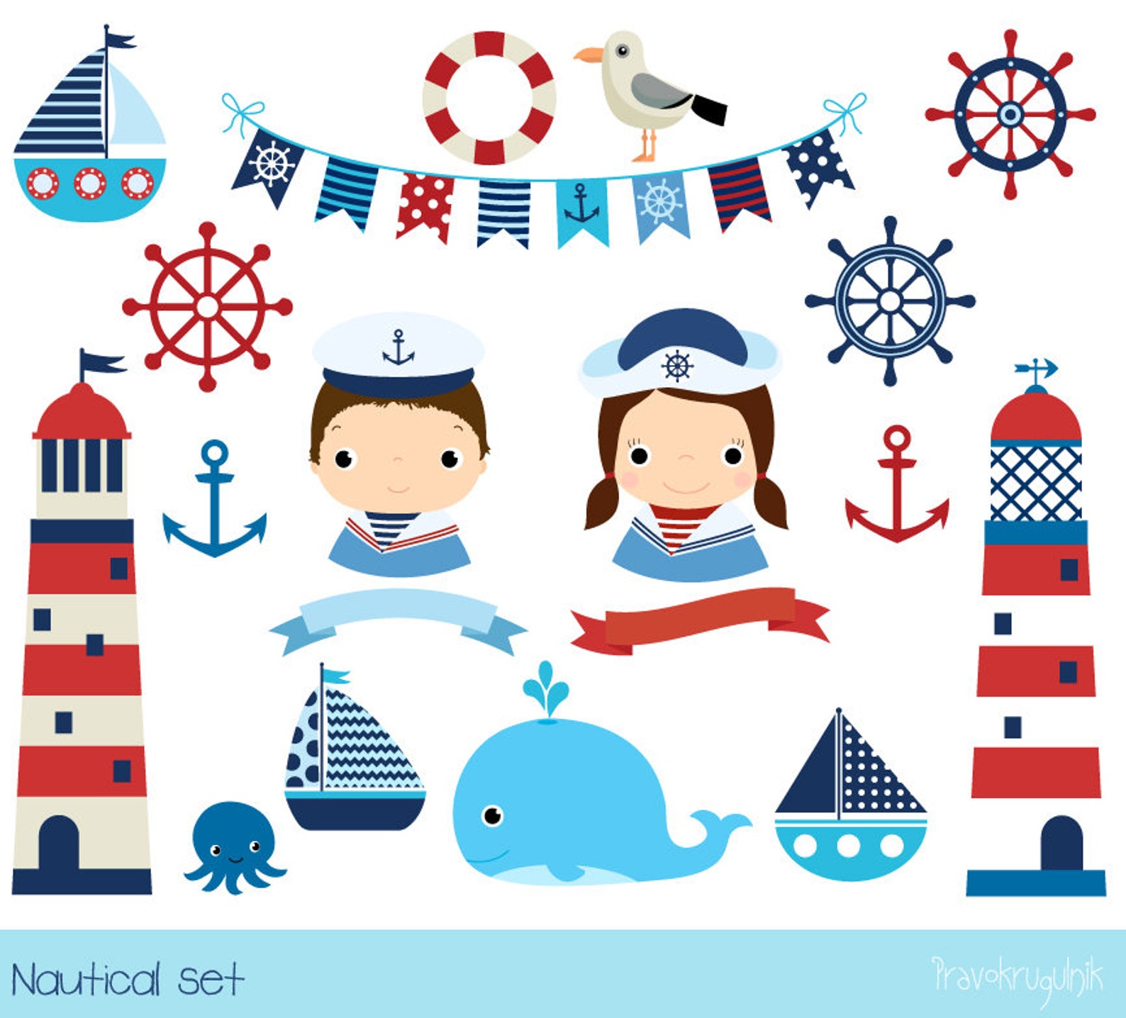 Nautical Lighthouse Clipart, Sail Away Clip Art, Sailboat, Whale, Girl ...