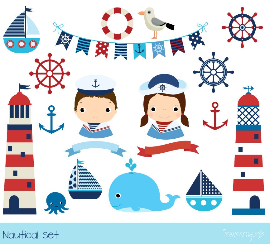 Nautical Lighthouse Clipart, Sail Away Clip Art, Sailboat, Whale, Girl ...