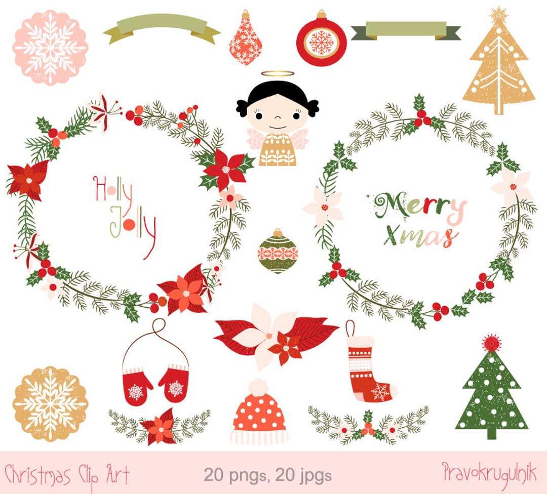 Merry Christmas Wreath Clipart Set, Holiday Wreath Clip Art, Digital ...
