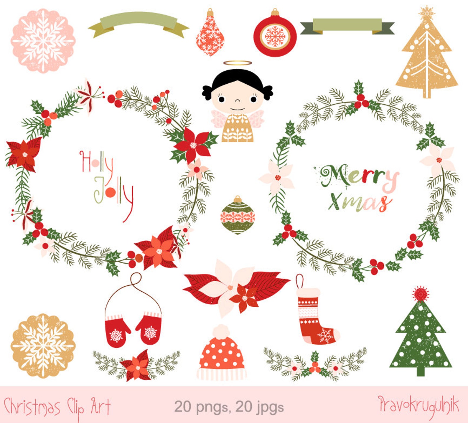 Merry Christmas Wreath Clipart Set Holiday Wreath Clip Art - Etsy