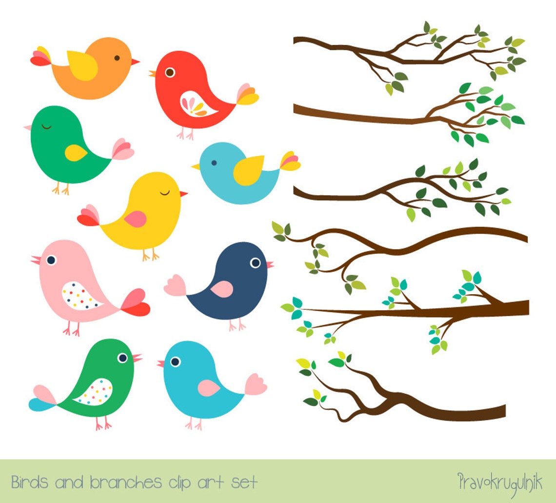 Cute Bird Clipart Set, Tree Branch Clip Art, Colorful Spring Bird Clip ...