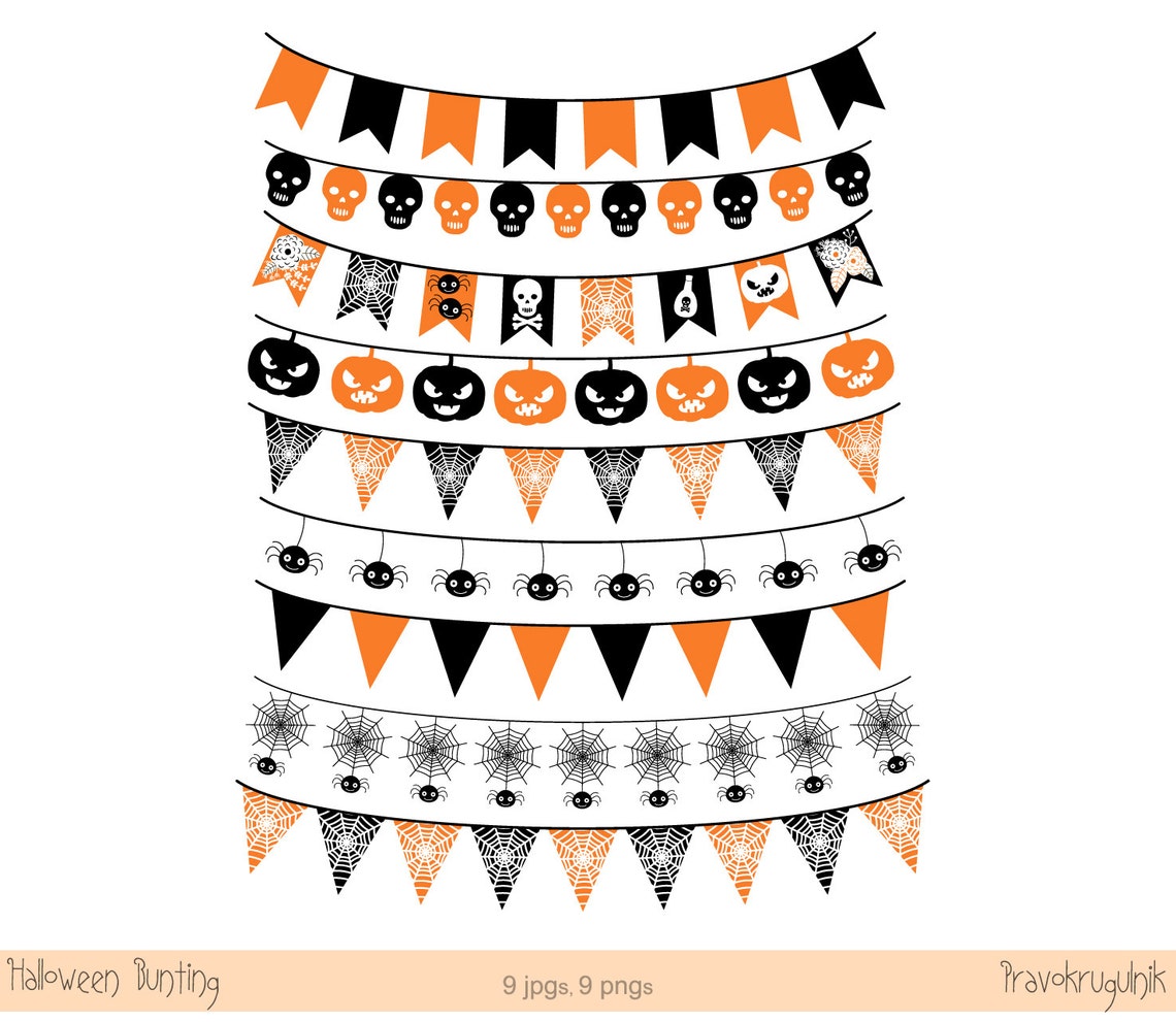 Halloween Digital Banner, Halloween Bunting Clipart, Orange and Black ...