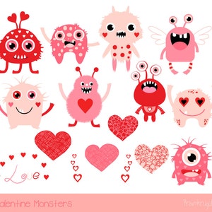 Cute Valentine Monsters Clipart, Kids Valentine Clipart, Pink Monster ...