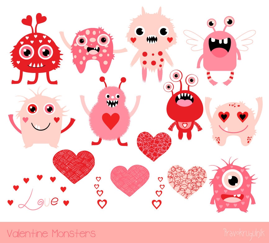 Cute Valentine Monsters Clipart, Kids Valentine Clipart, Pink Monster ...