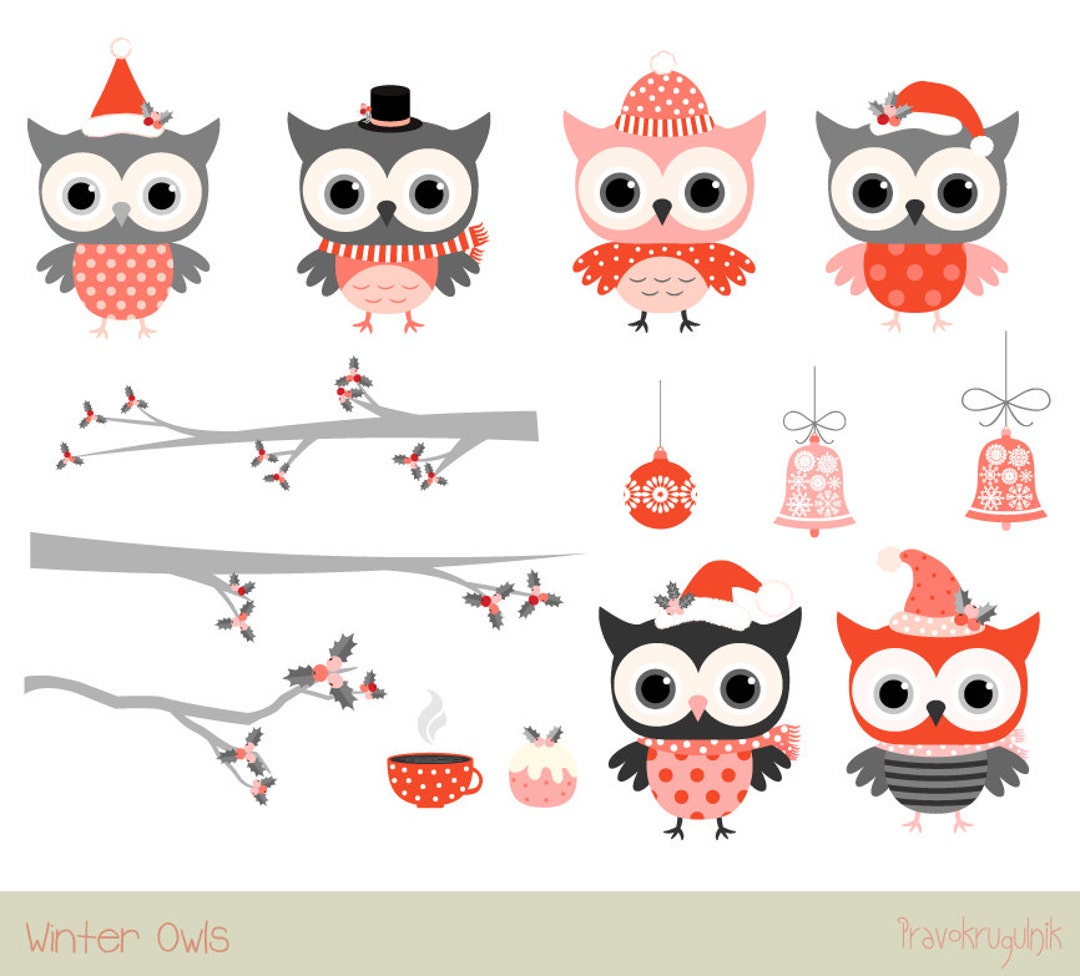 Cute Christmas Owl Clipart Set Red Grey Owl Clip Art Winter - Etsy