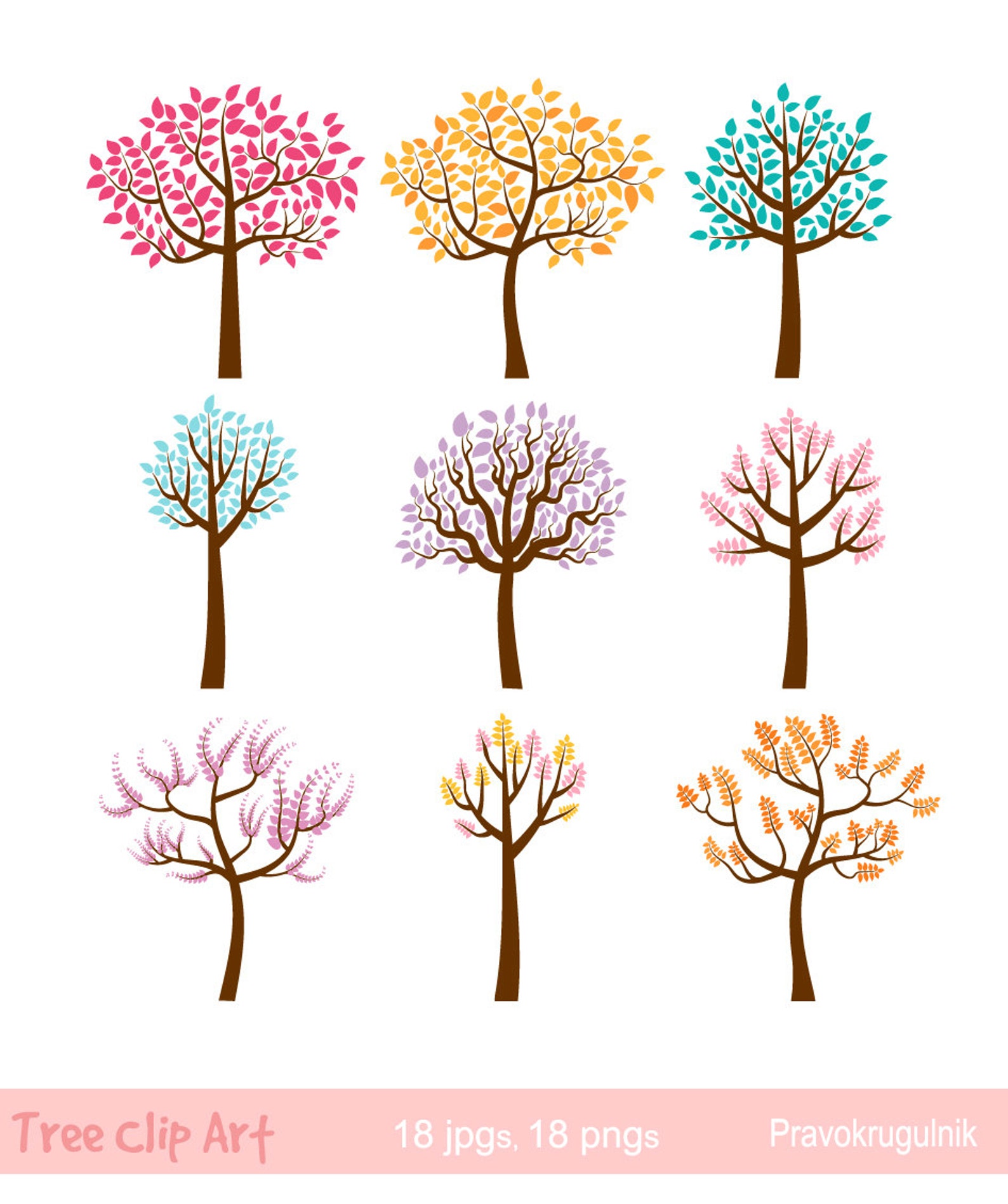 Colorful Tree Clipart, Color Tree Silhouette Clipart, Fall Tree Clip ...