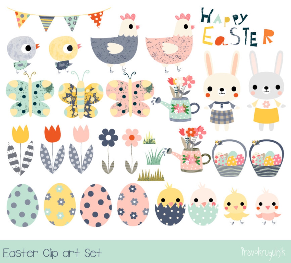 Happy Easter Clipart, Cute Easter Clip Art Set, Easter Bunny Clip Art ...