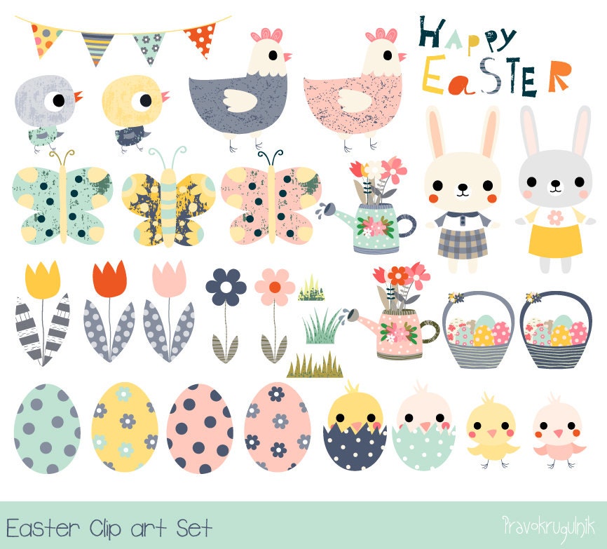 Happy Easter Clipart, Cute Easter Clip Art Set, Easter Bunny Clip Art ...