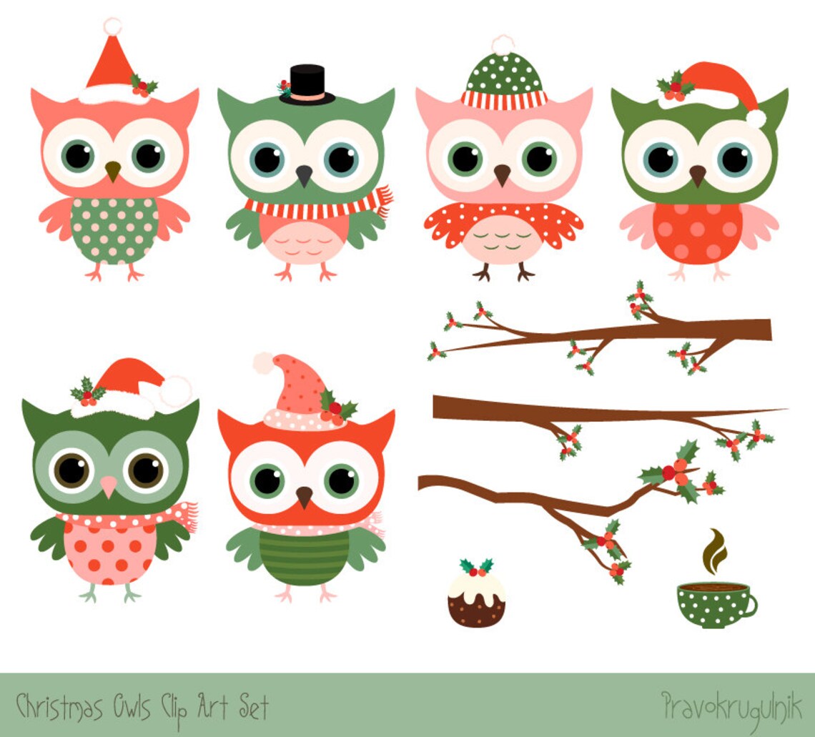 Christmas Owl Clipart Set, Cute Christmas Clipart, Cute Owl Clip Art ...