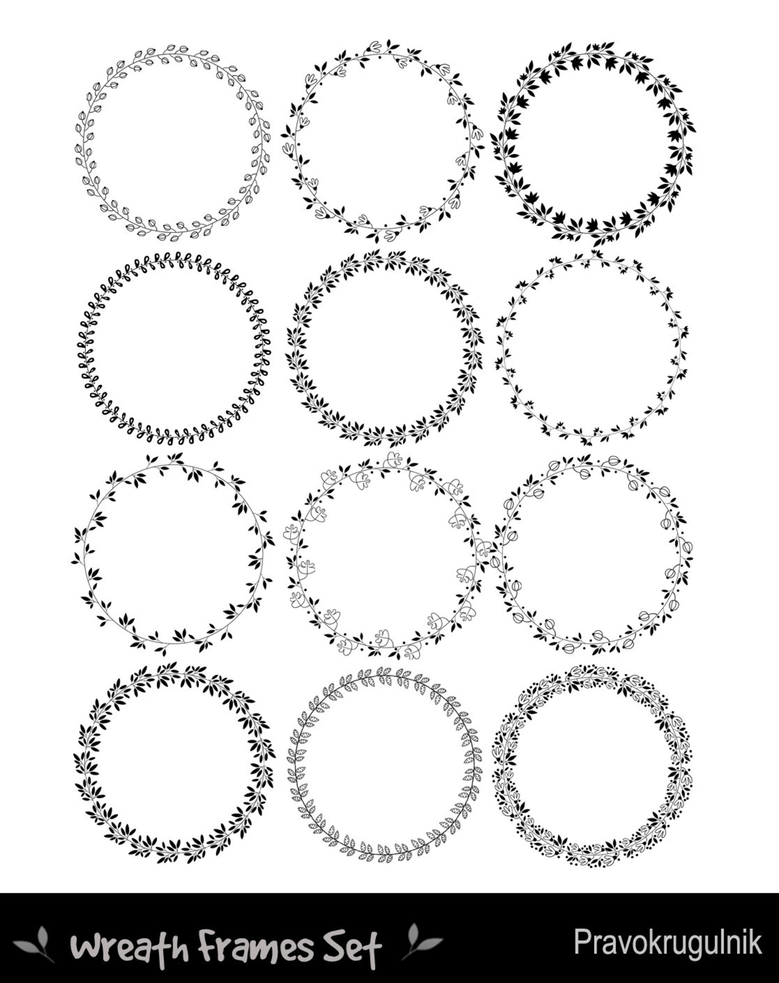 Round Borders Clipart, Floral Wreaths Clipart, Circle Frames, Black ...