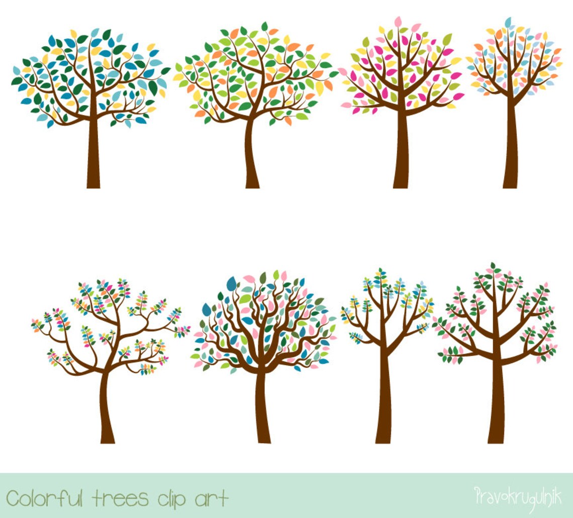 Colorful Tree Clipart, Family Tree Clip Art, Digital Leafy Tree, Color ...