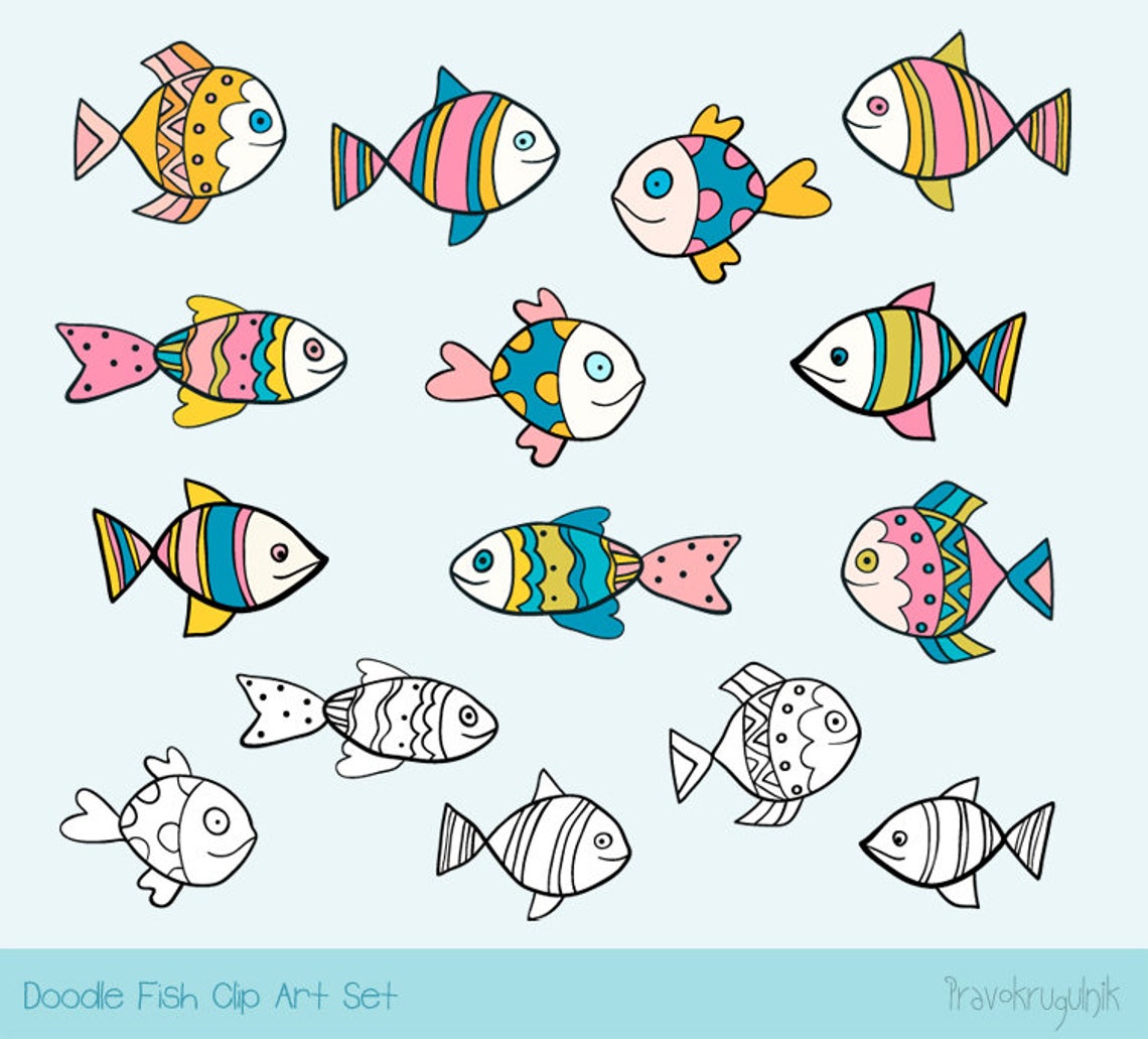 Cute Fish Clipart Set Hand Drawn Fish Clip Art Colorful Fish | Etsy