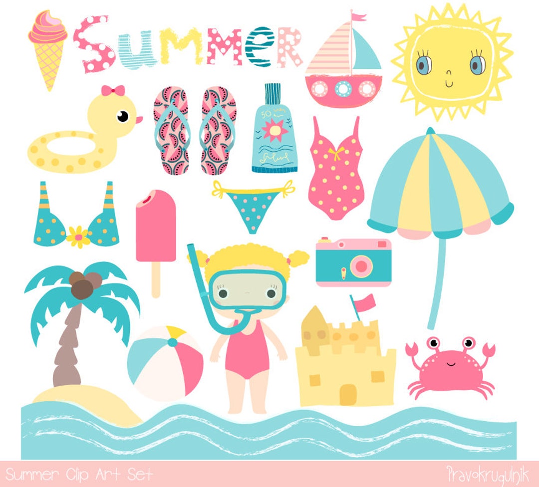 Cute Pink Summer Clip Art, Beach Holiday Clipart Vacation, Kid Set ...