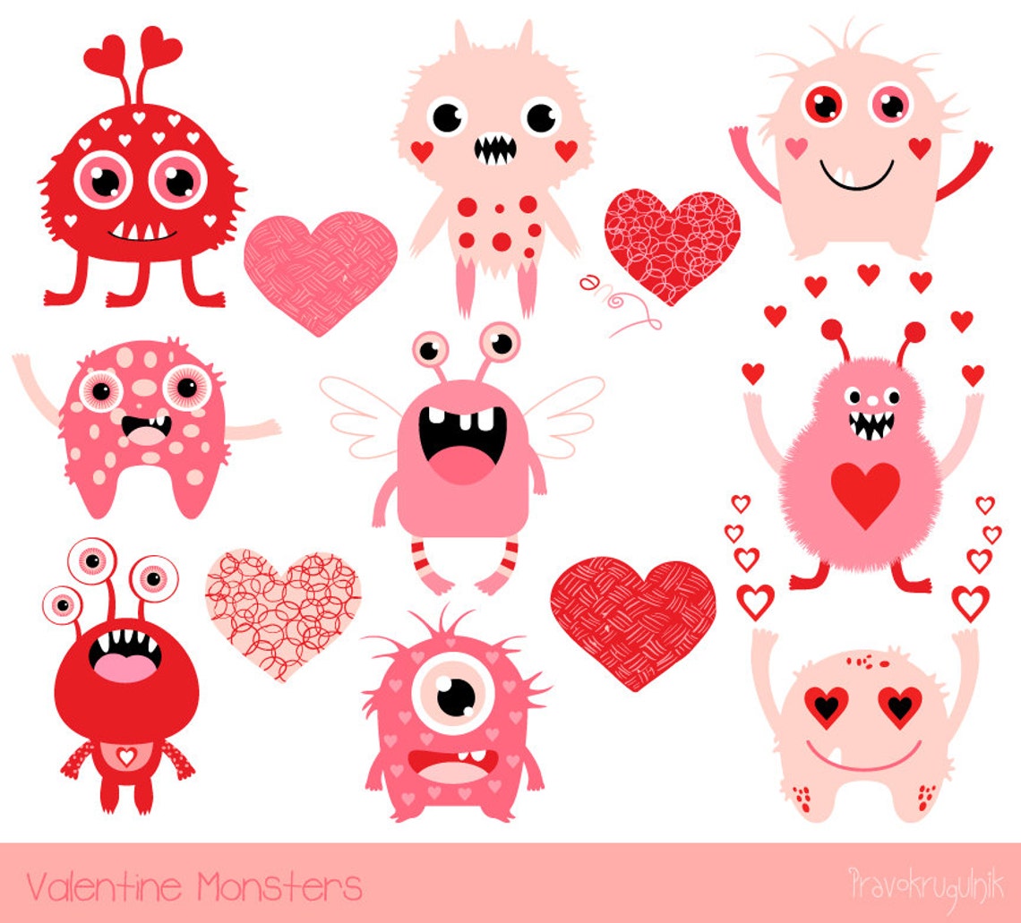 Cute Valentine Monsters Clipart, Kids Valentine Clipart, Pink Monster ...