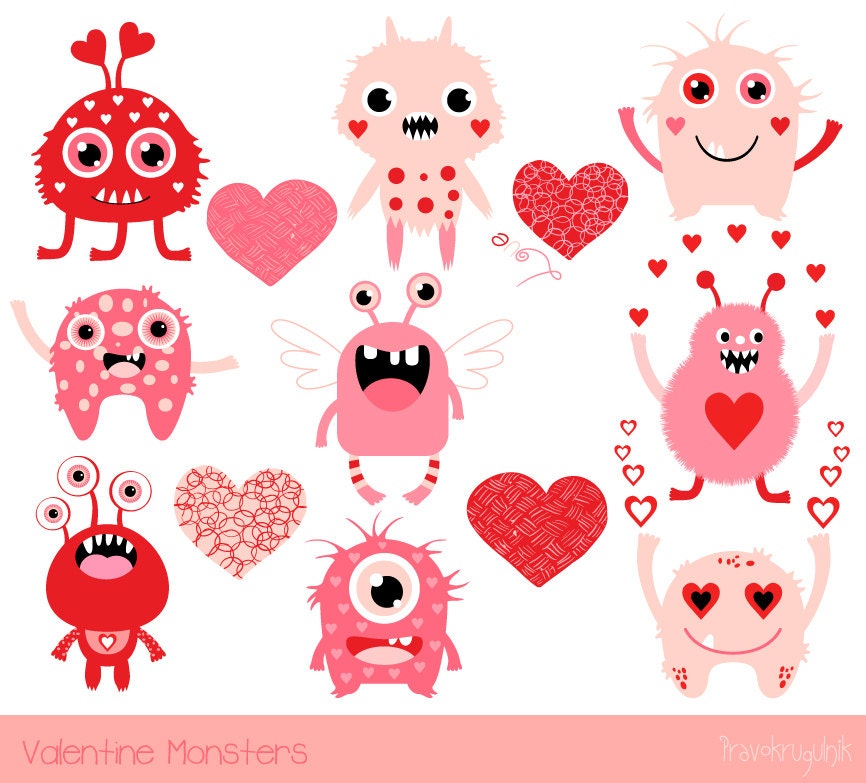 Cute Valentine Monsters Clipart, Kids Valentine Clipart, Pink Monster ...