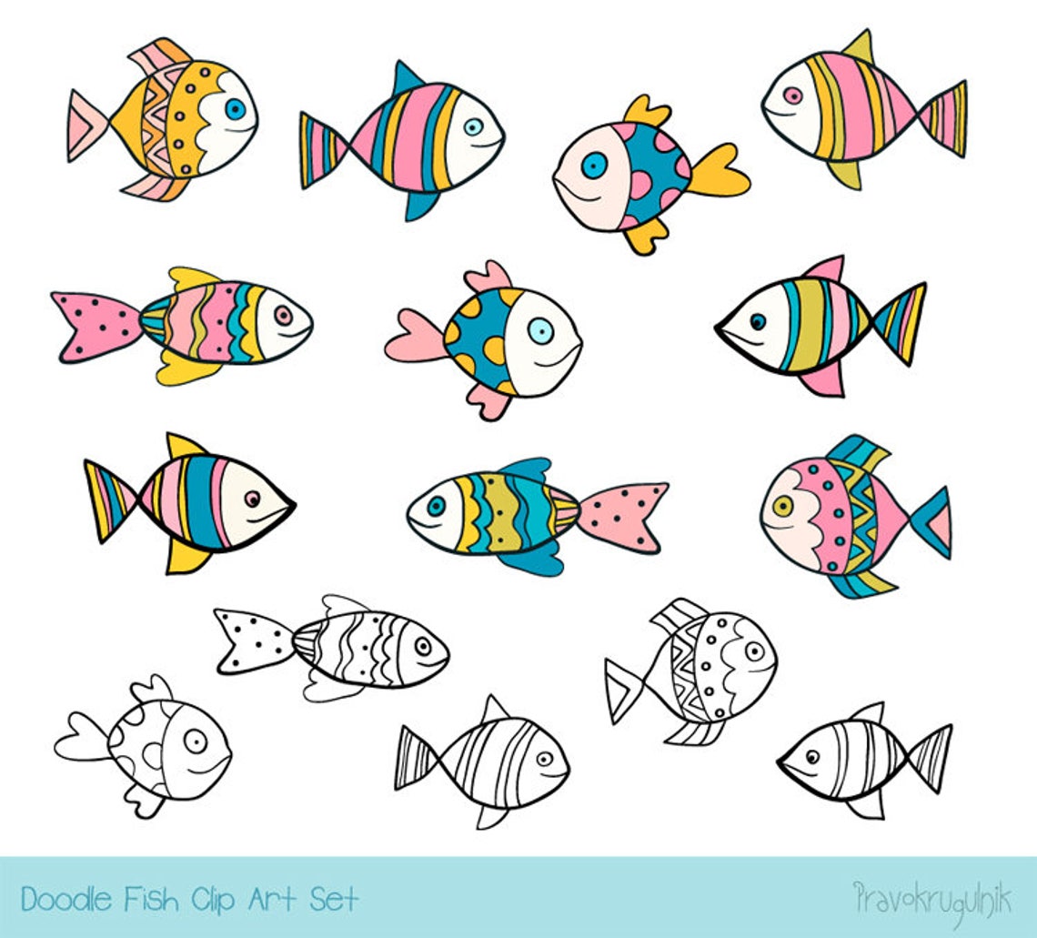 Cute Fish Clipart Set Hand Drawn Fish Clip Art Colorful Fish - Etsy