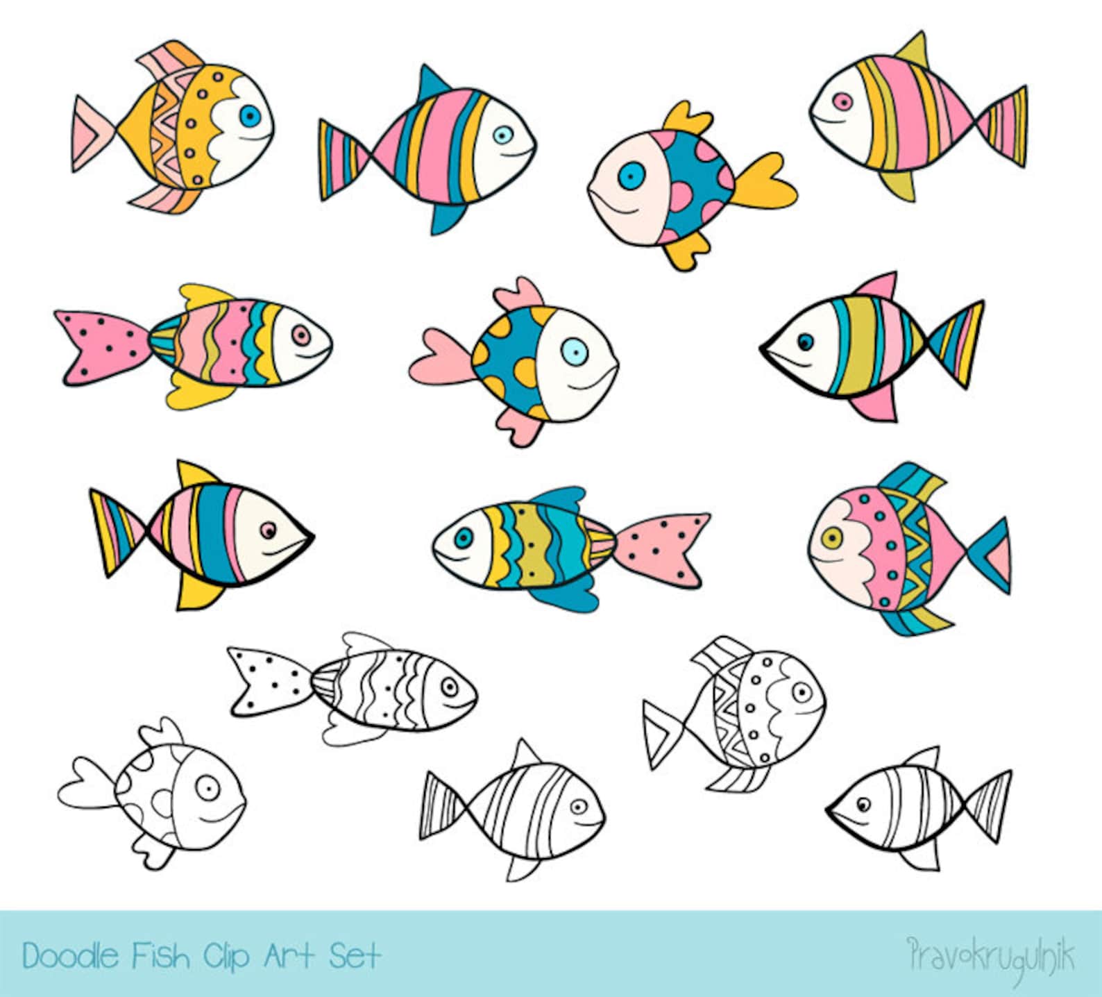 Cute Fish Clipart Set Hand Drawn Fish Clip Art Colorful Fish - Etsy