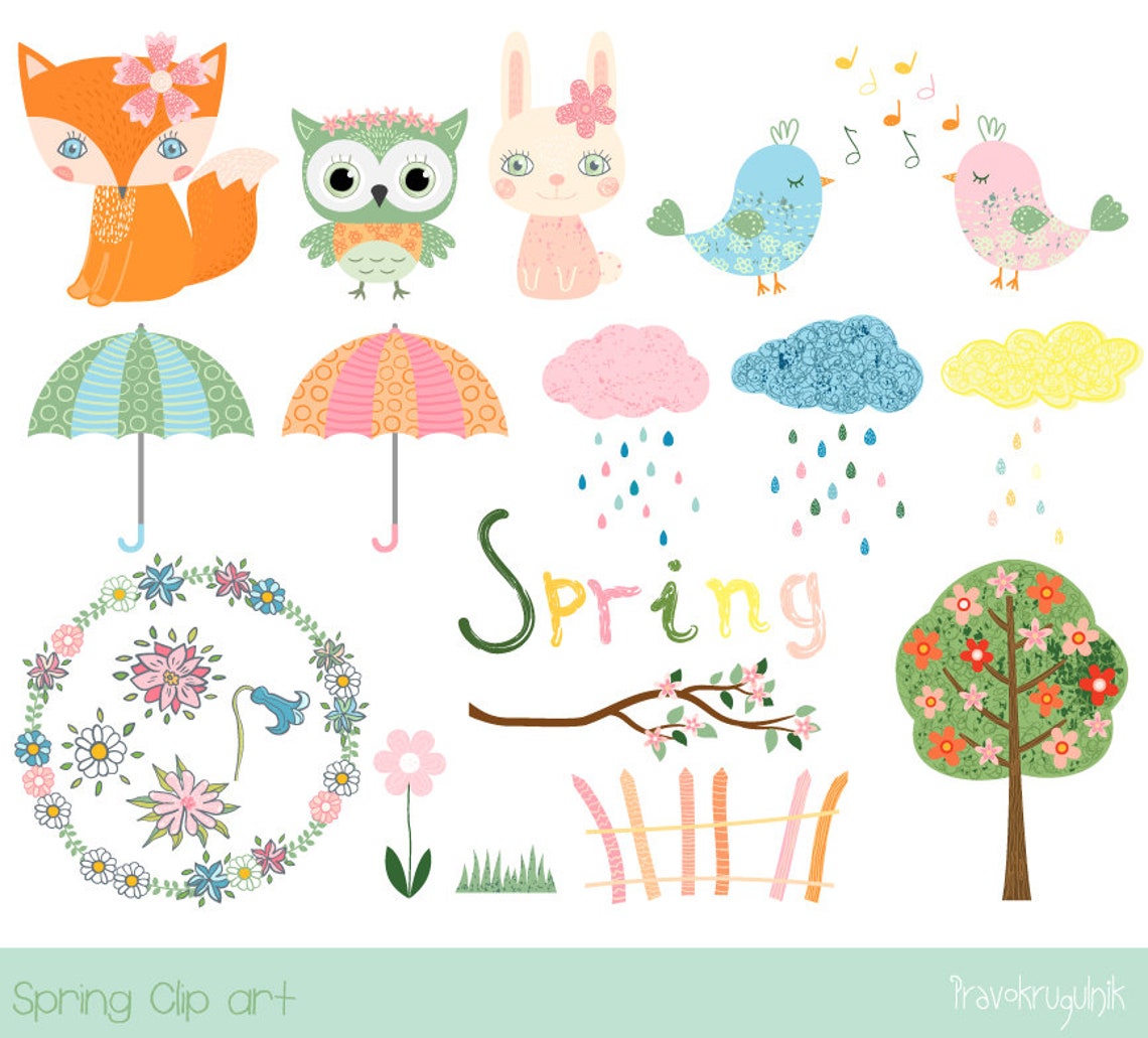 Cute Spring Clipart, Kawaii Fox Clipart, Bird Clip Art, Spring Animal ...