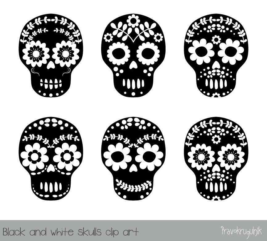 Sugar Skull Clipart, Black and White Flower Skull Clipart, Day of the ...