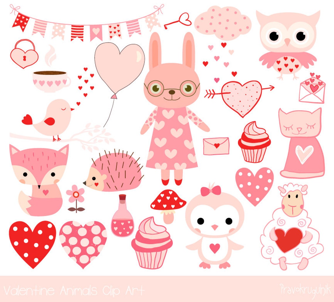 Cute Valentine Animal Clipart, Pink Kawaii Animal Clip Art, Valentine ...