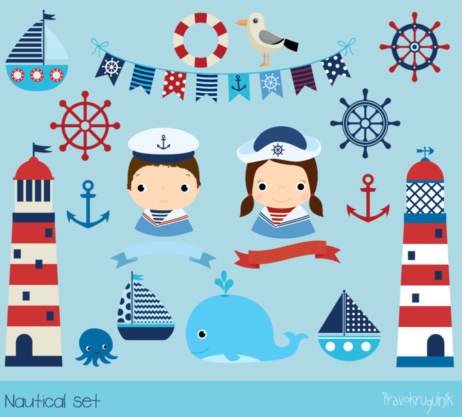 Nautical Lighthouse Clipart, Sail Away Clip Art, Sailboat, Whale, Girl ...