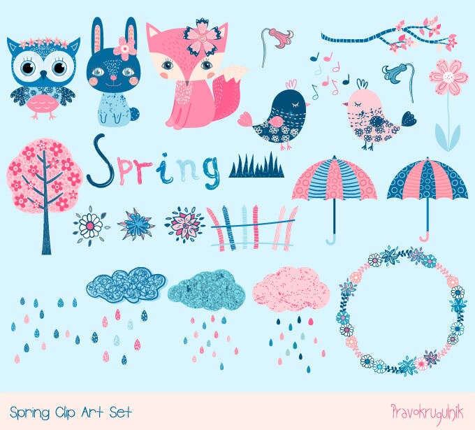 Cute Spring Animal Clipart Set, Kawaii Spring Clip Art, Blue Owl ...
