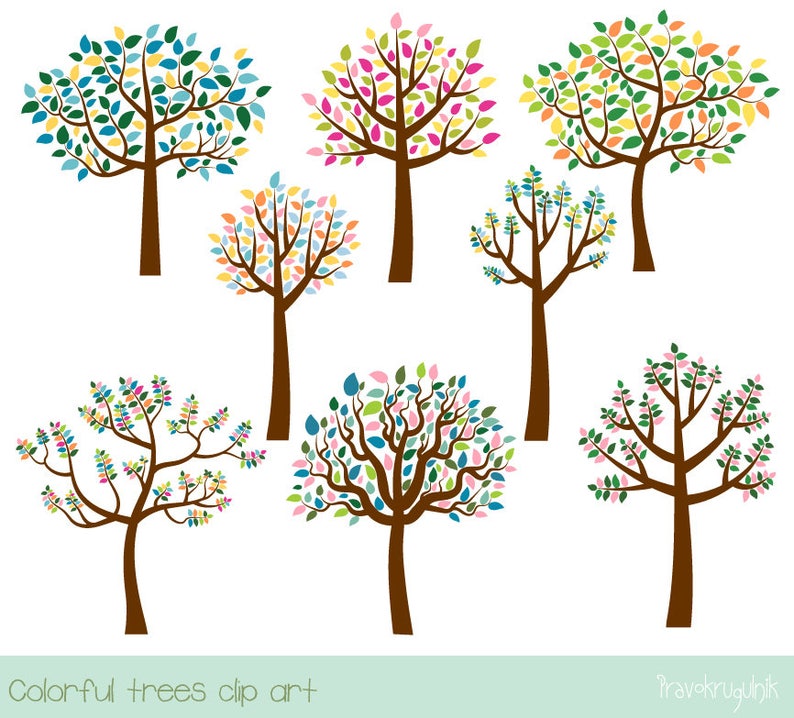 Colorful Tree Clipart, Family Tree Clip Art, Digital Leafy Tree, Color ...