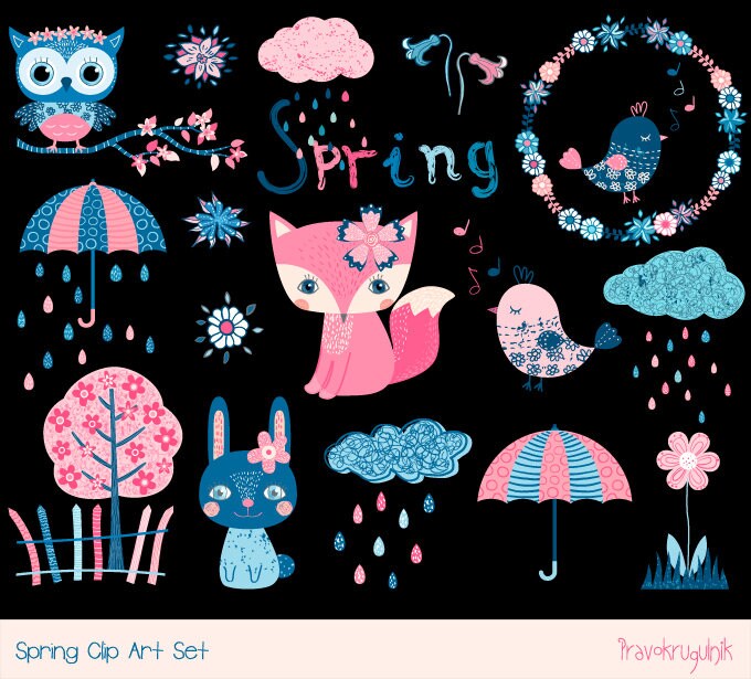 Cute Spring Animal Clipart Set, Kawaii Spring Clip Art, Blue Owl ...