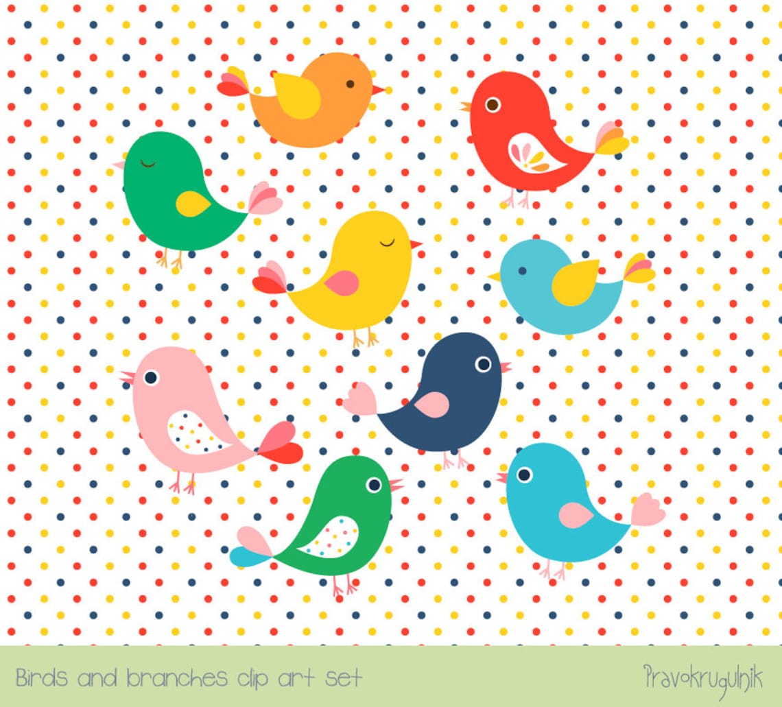 Cute Bird Clipart Set, Tree Branch Clip Art, Colorful Spring Bird Clip ...