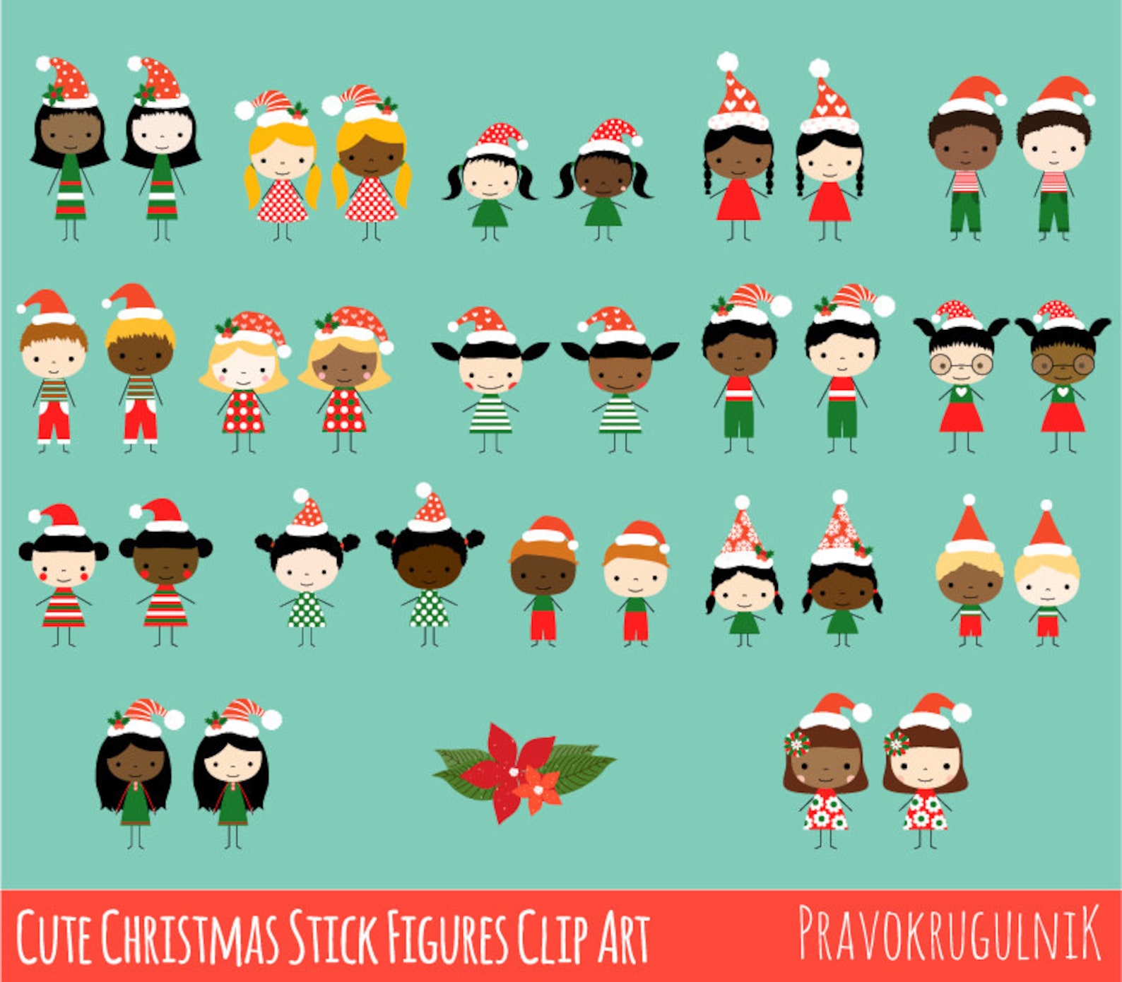 Cute Christmas Stick Figures Clipart, Children Clip Art, Multicultural ...