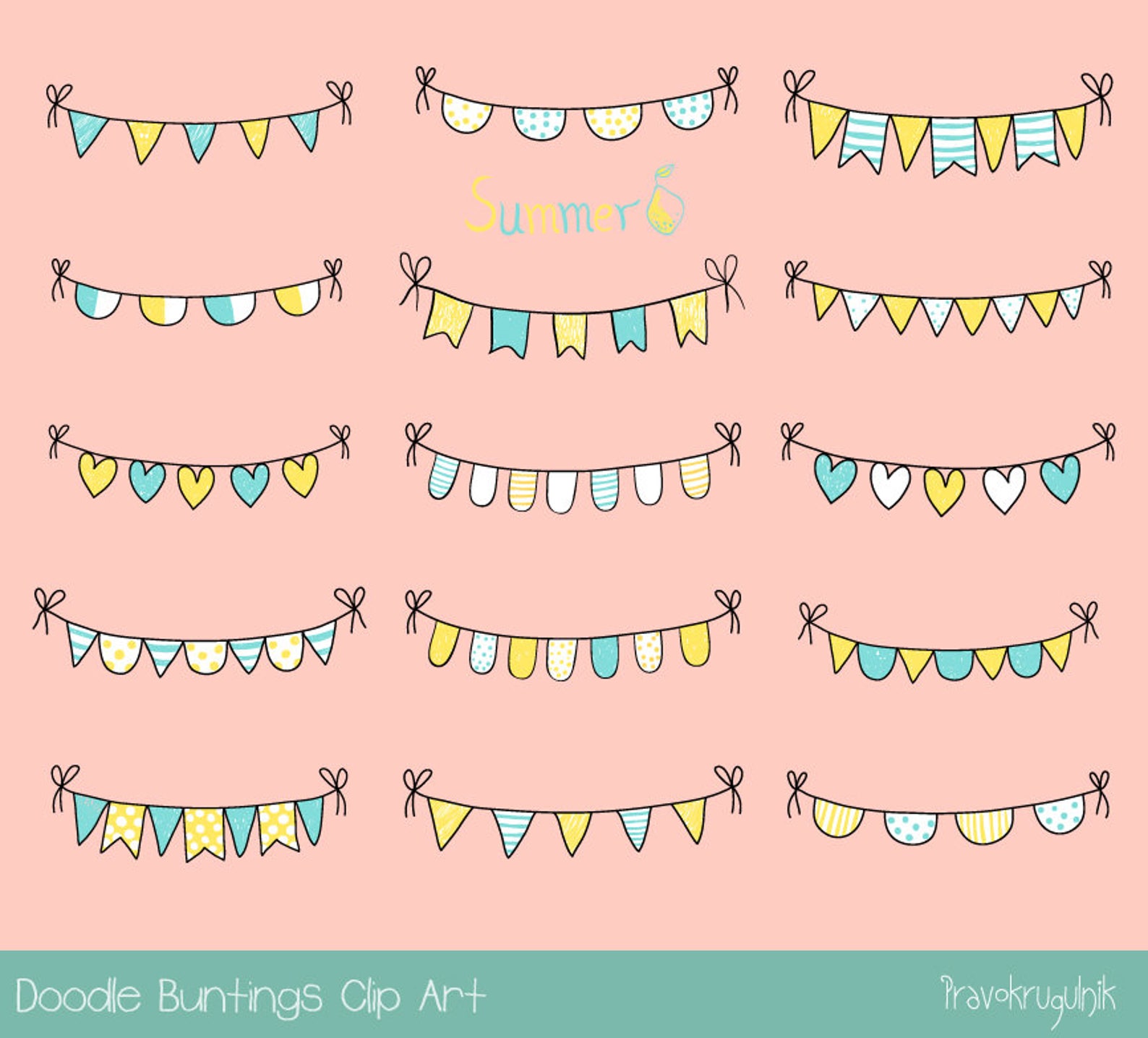 Hand Drawn Summer Bunting Clipart, Yellow and Blue Doodle Beach Bunting ...