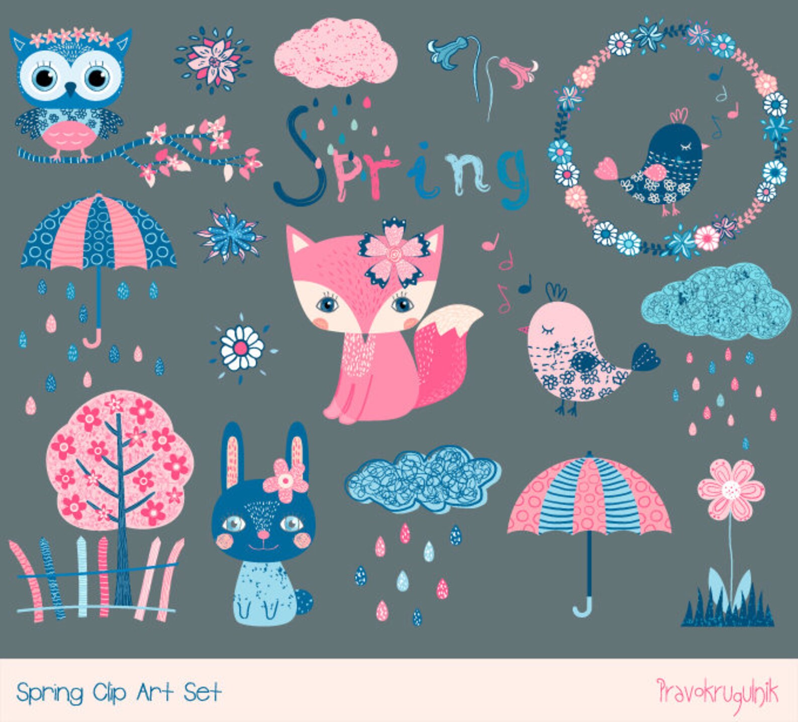 Cute Spring Animal Clipart Set Kawaii Spring Clip Art Blue - Etsy