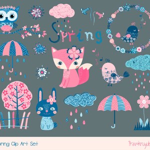 Cute Spring Animal Clipart Set, Kawaii Spring Clip Art, Blue Owl ...