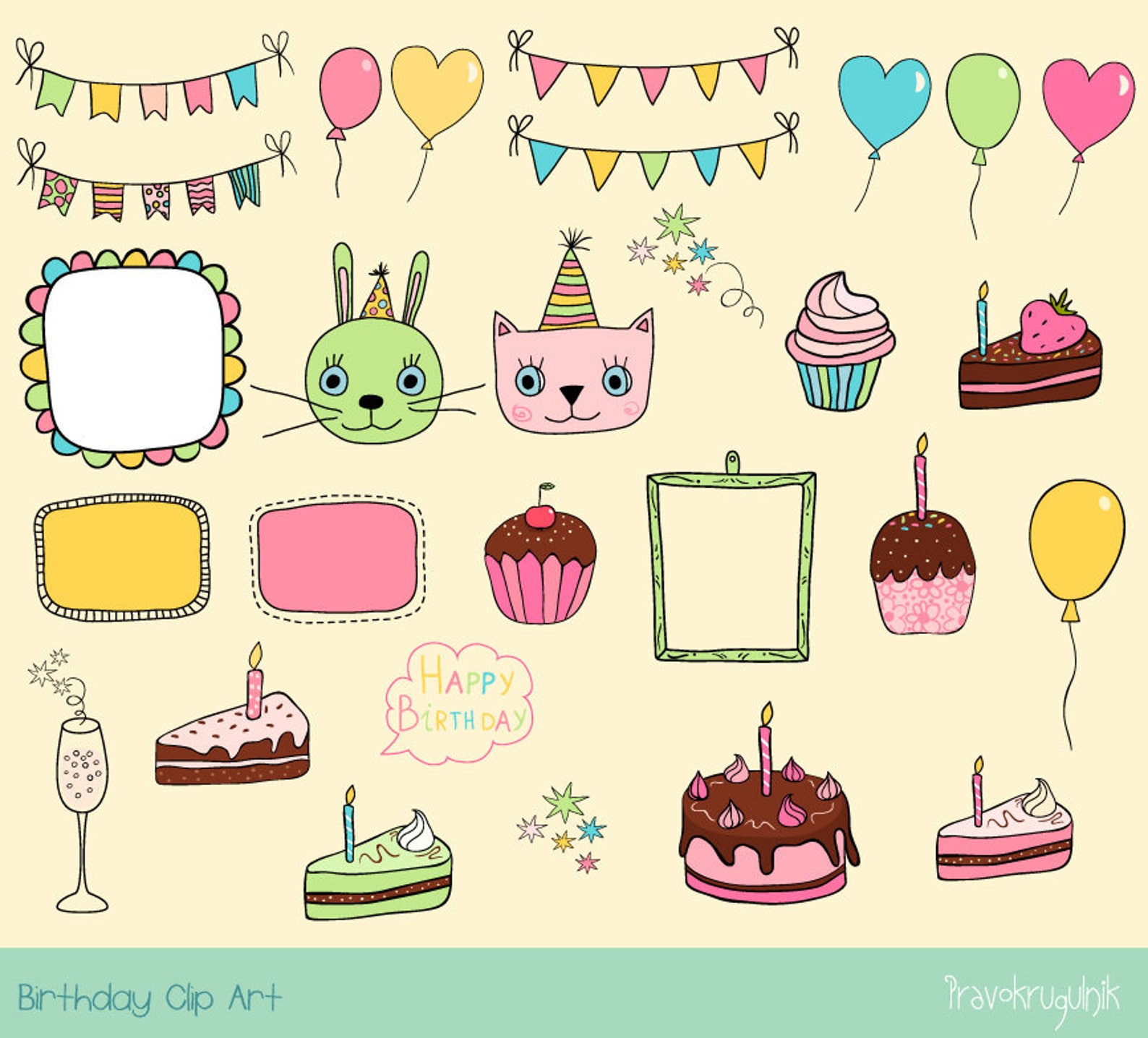 Cute Birthday Clipart Bunting, Birthday Party Clip Art Balloon ...
