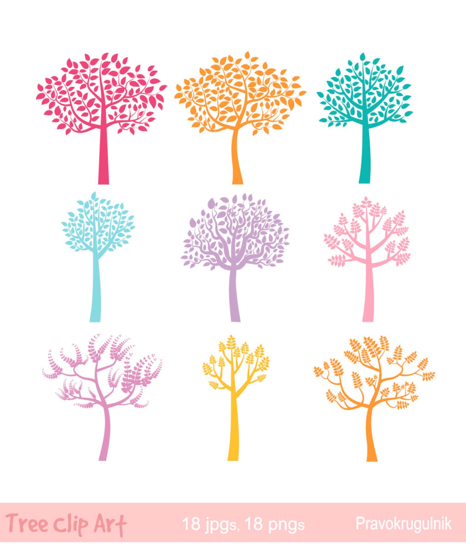 Colorful Tree Clipart, Color Tree Silhouette Clipart, Fall Tree Clip ...