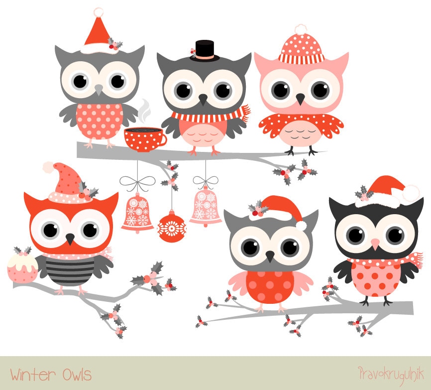 Cute Christmas Owl Clipart Set Red Grey Owl Clip Art Winter - Etsy