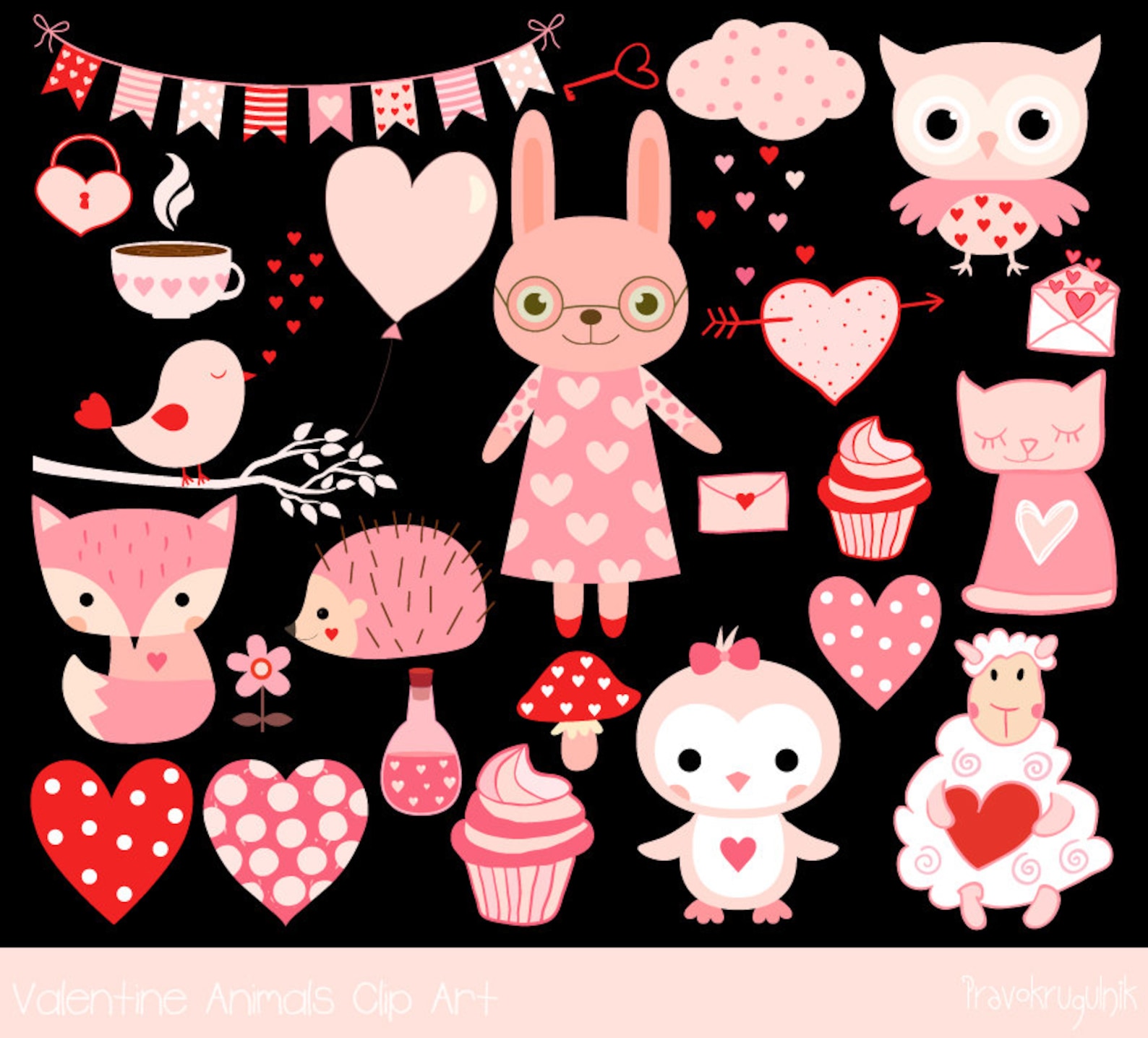 Cute Valentine Animal Clipart, Pink Kawaii Animal Clip Art, Valentine ...