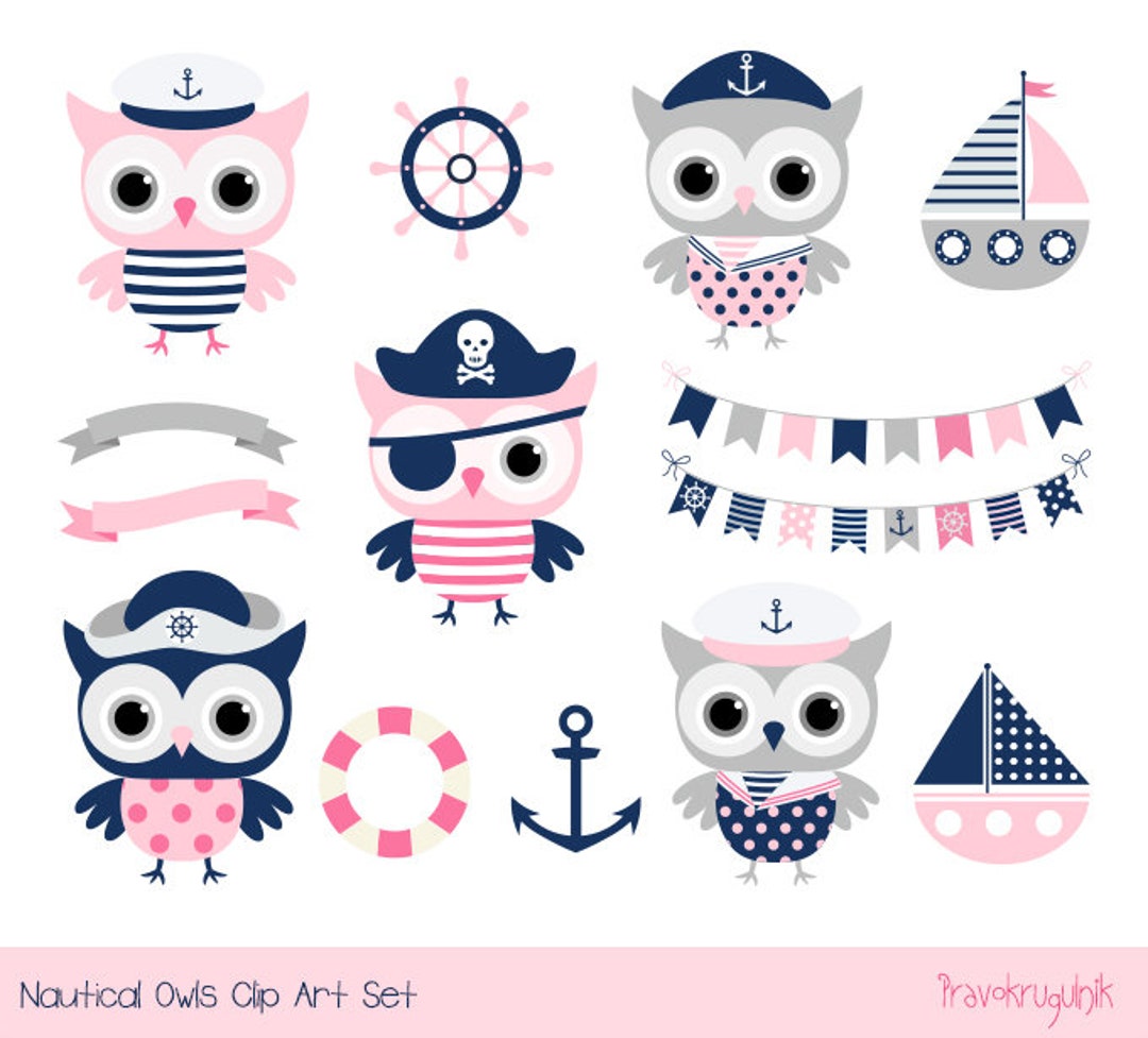 Pink Nautical Clipart Owl, Sailor Owl Clipart Pirate, Cute Nautical ...