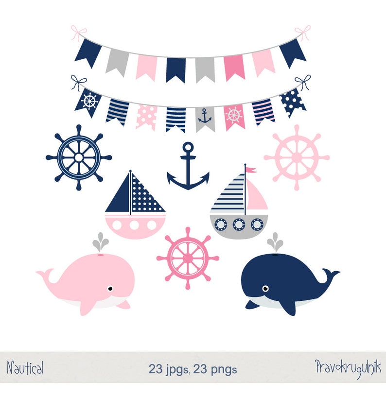Girl Nautical Clipart, Sea Party Clipart, Navy Pink Nautical Clipart ...