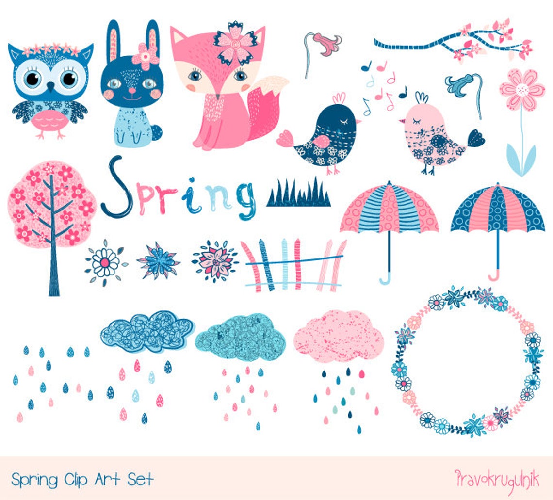 Cute Spring Animal Clipart Set Kawaii Spring Clip Art Blue - Etsy