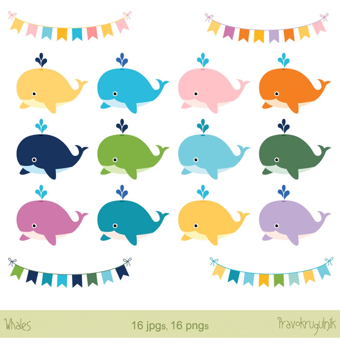 Cute Whales Clipart, Colorful Whales Clip Art, Baby Shower Whale ...