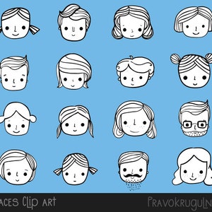 Hand Drawn Faces Clip Art, Doodle Outline Face Clipart, Black and White ...