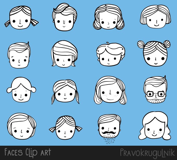 Hand Drawn Faces Clip Art, Doodle Outline Face Clipart, Black and White ...