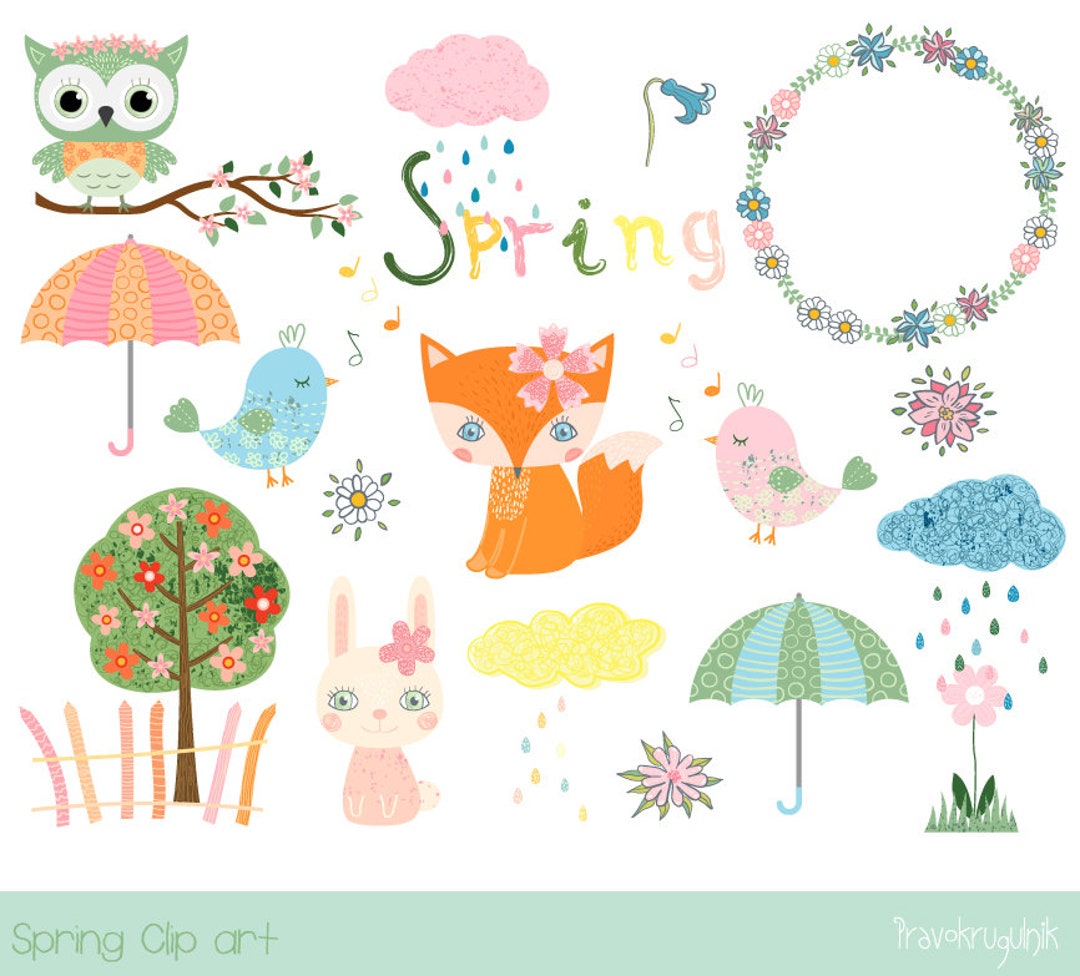 Cute Spring Clipart, Kawaii Fox Clipart, Bird Clip Art, Spring Animal ...