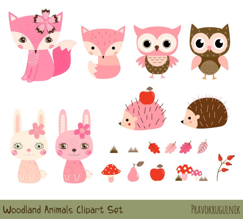 Pink Woodland Animal Clipart, Cute Forest Animal Clipart Woodland Baby ...