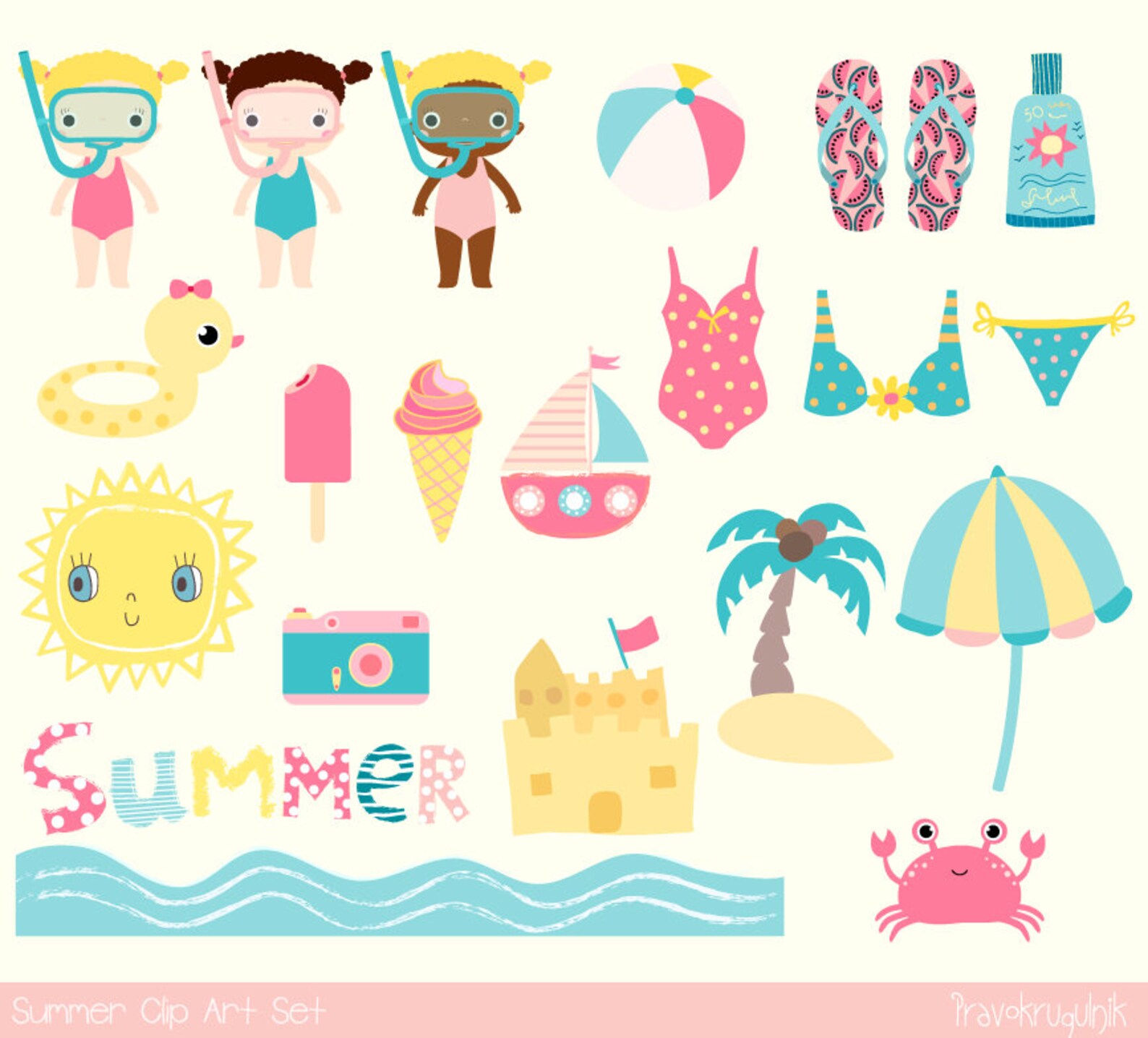 Cute Pink Summer Clip Art, Beach Holiday Clipart Vacation, Kid Set ...