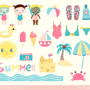Cute Pink Summer Clip Art, Beach Holiday Clipart Vacation, Kid Set ...